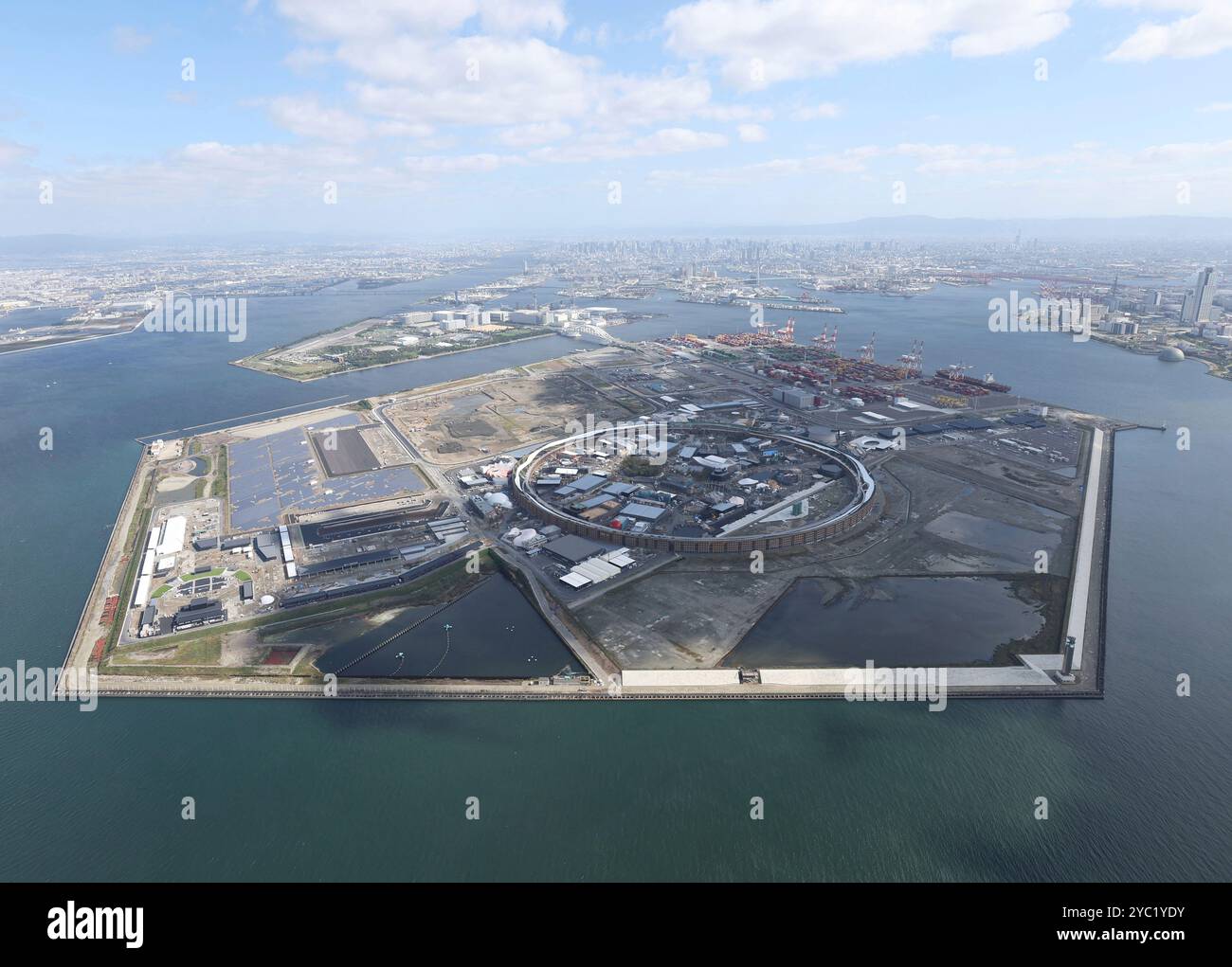 An aerial photo shows Yumeshima, the venue for Expo 2025 Osaka, Kansai ...