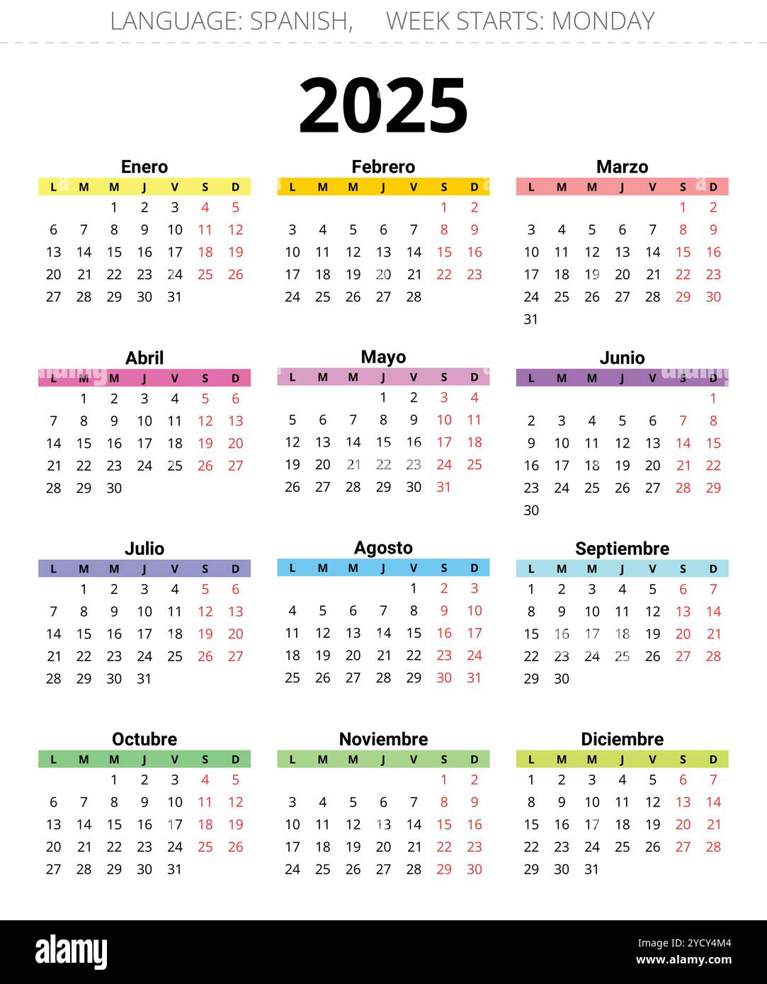 Calendrier annuel espagnol de 2025 ans. Illustration vectorielle ...