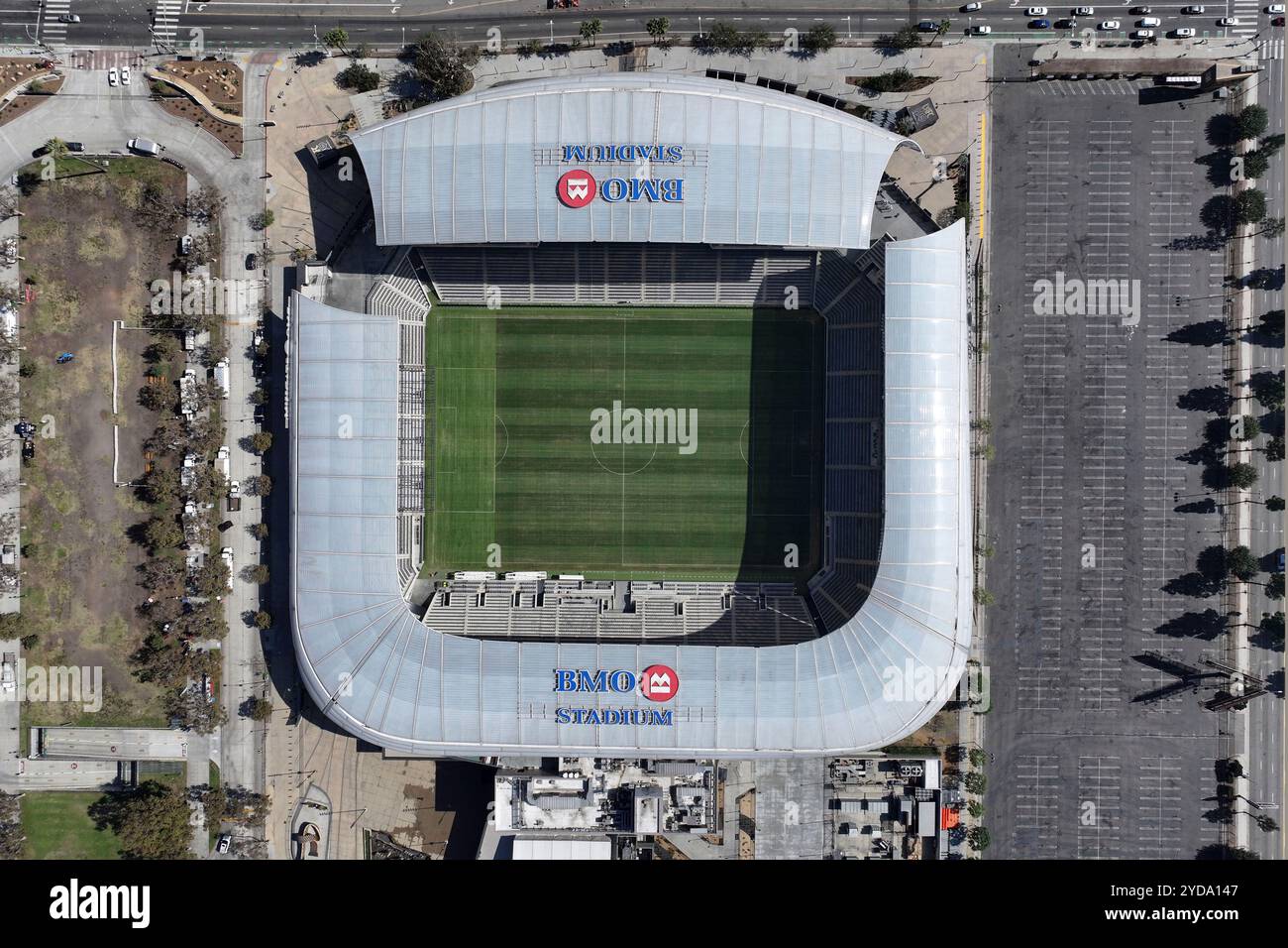 A general overall aerial view of BMO Stadium, Thursday, Oct. 24, 2024 ...