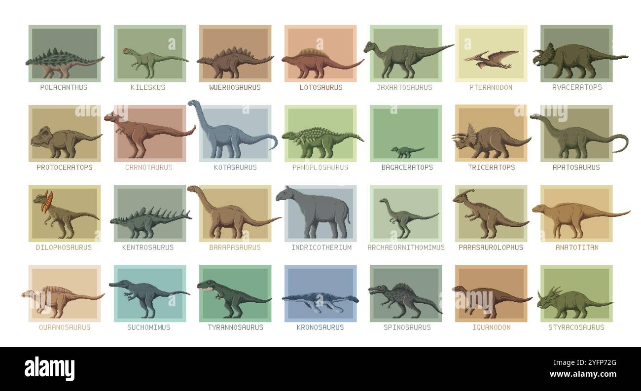 8 bit pixel art dinosaures préhistoriques et espèces de lézards dino ...