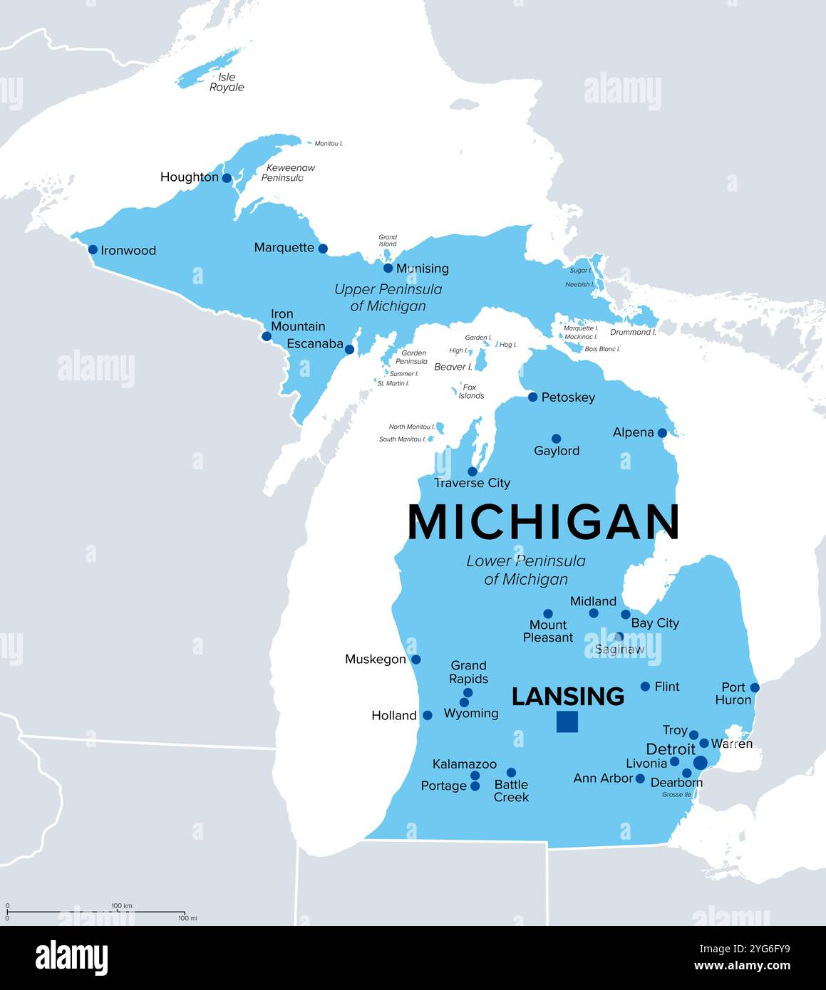 Michigan, état américain, carte politique. État dans la région des ...