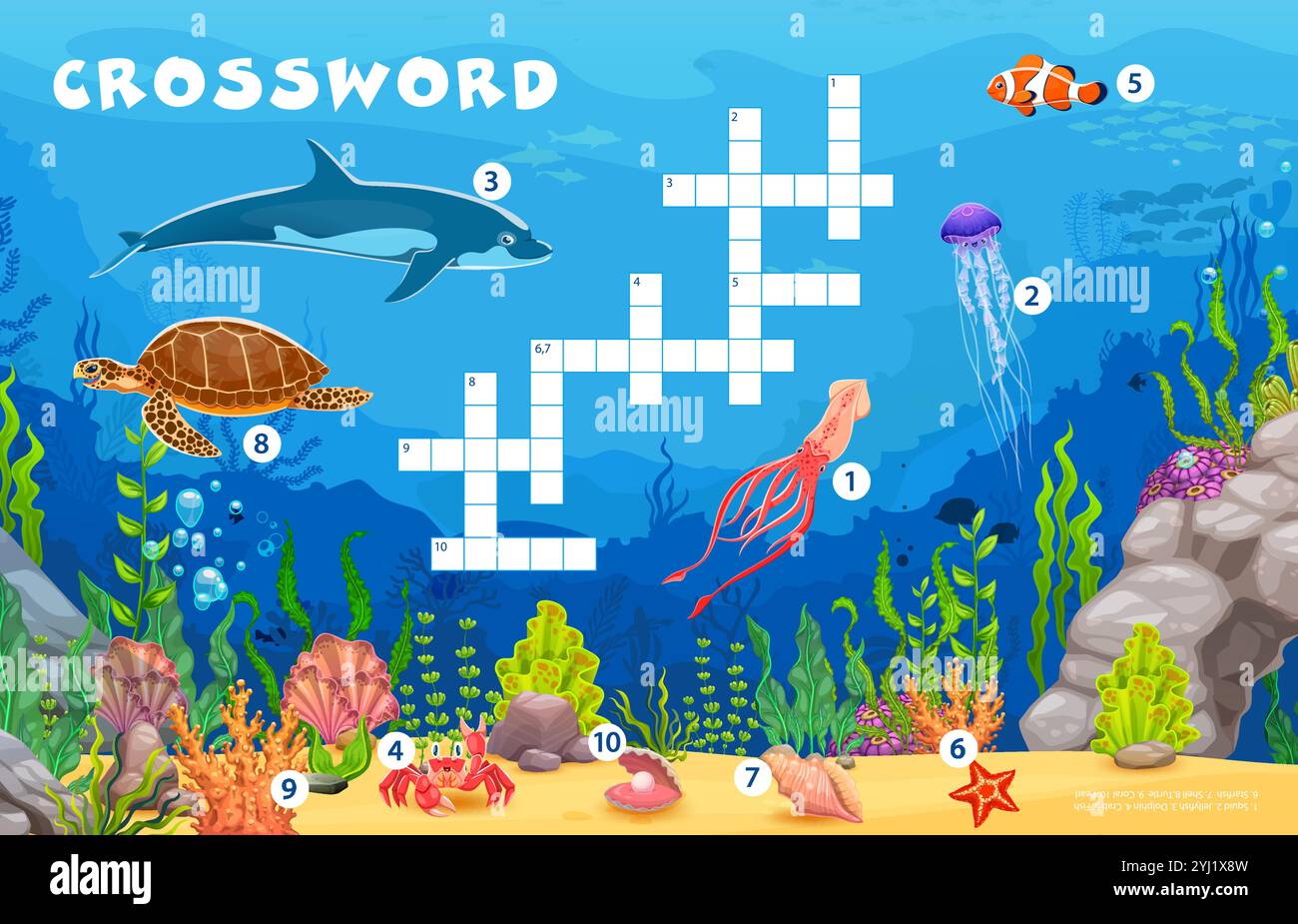 Grille de jeu de mots croisés avec des animaux marins sous-marins, y ...