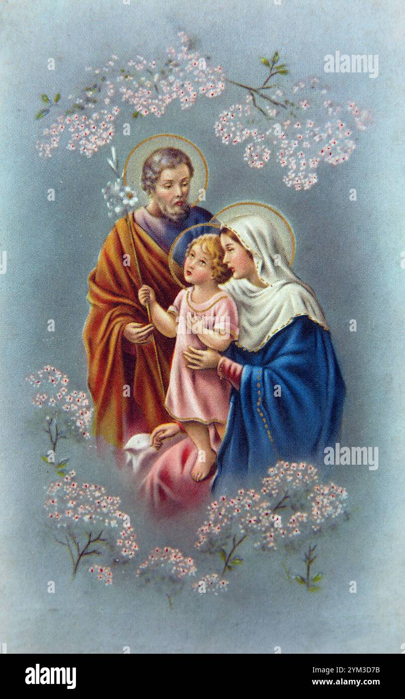 Carte de prière vintage avec illustration de la Sainte famille -Saint ...