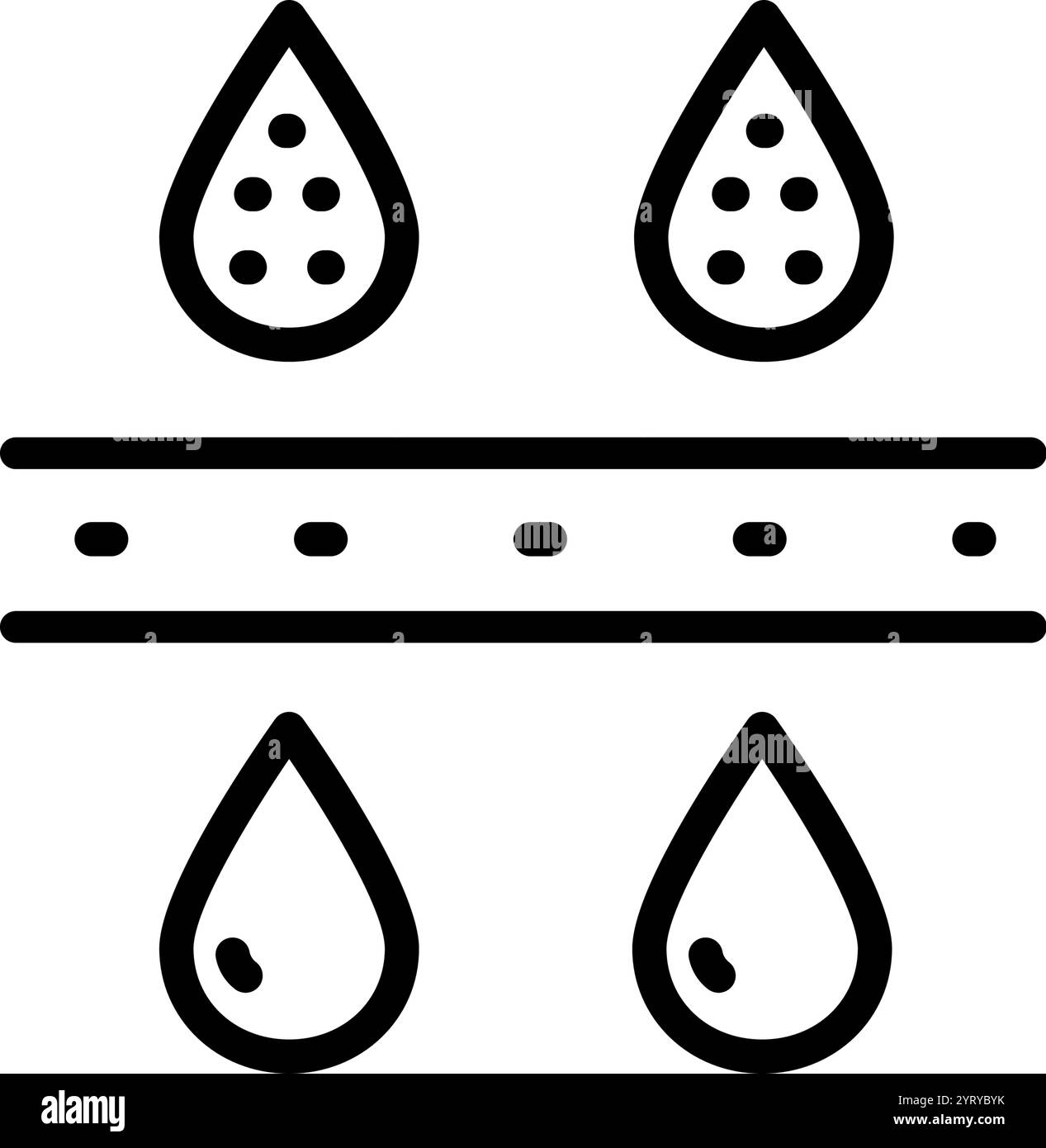 Icône de ligne de filtration de l'eau. Gouttes de pluie, molécule H2O ...