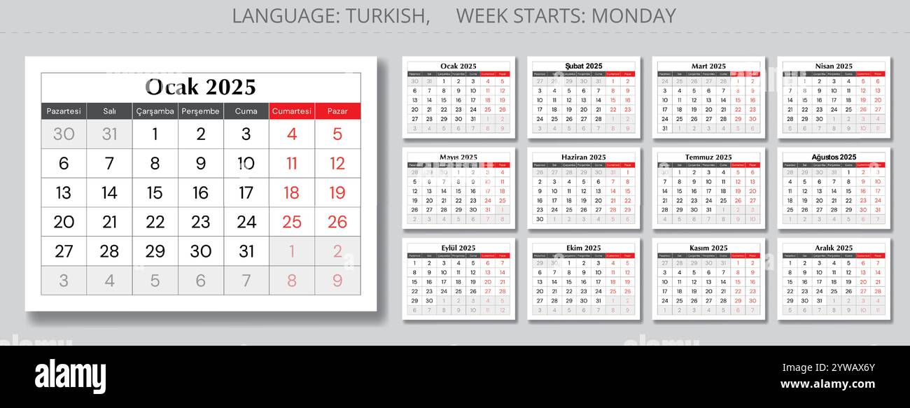 calendrier turc de 2025 ans. Jeu de pages papier de 12 mois ...