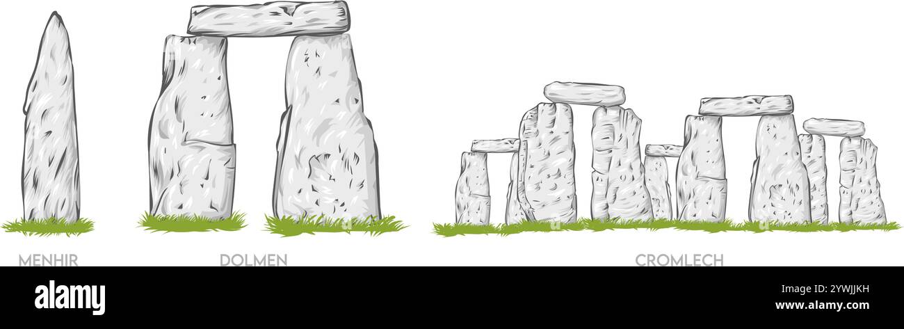 Menhir, Cromlech et Dolmen dessin animé linéaire dessiné à la main ...