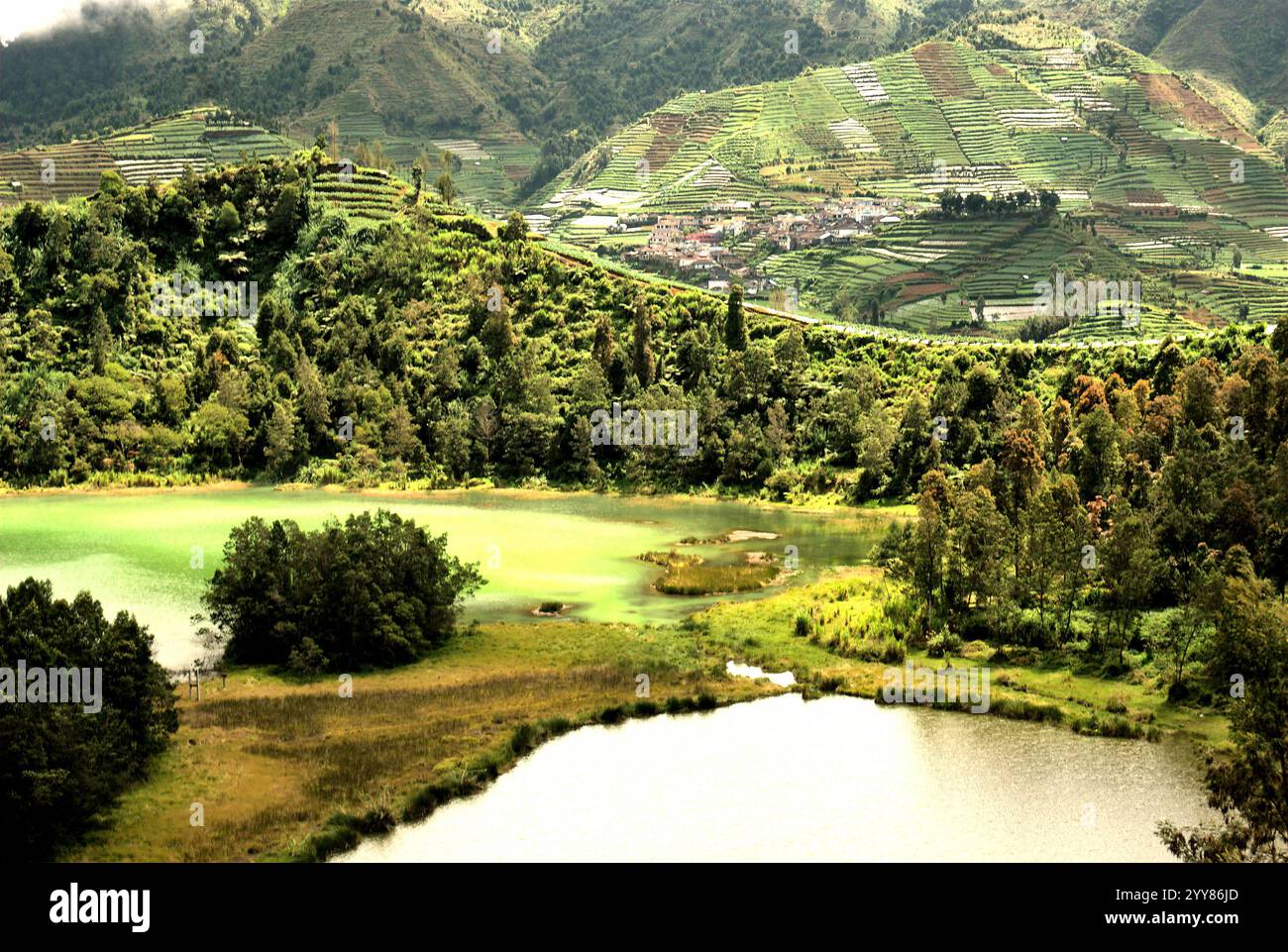 Paysage aérien Lac de Telaga Warna et Lac de Pengilon dans un fond de ...