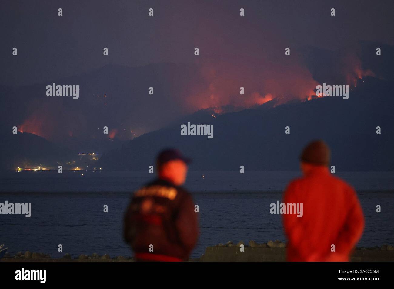 A forest fire is spreading in Ofunato City, Iwate Prefecture, northern ...