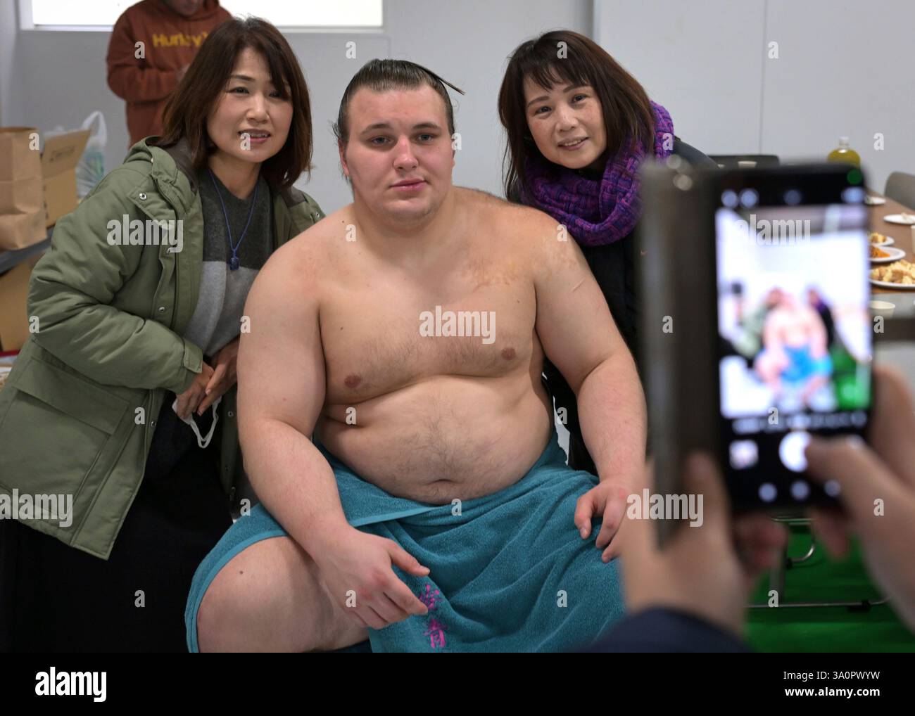 Ukrainian sumo wrestler Aonishiki interacts with his fans ahead of the ...