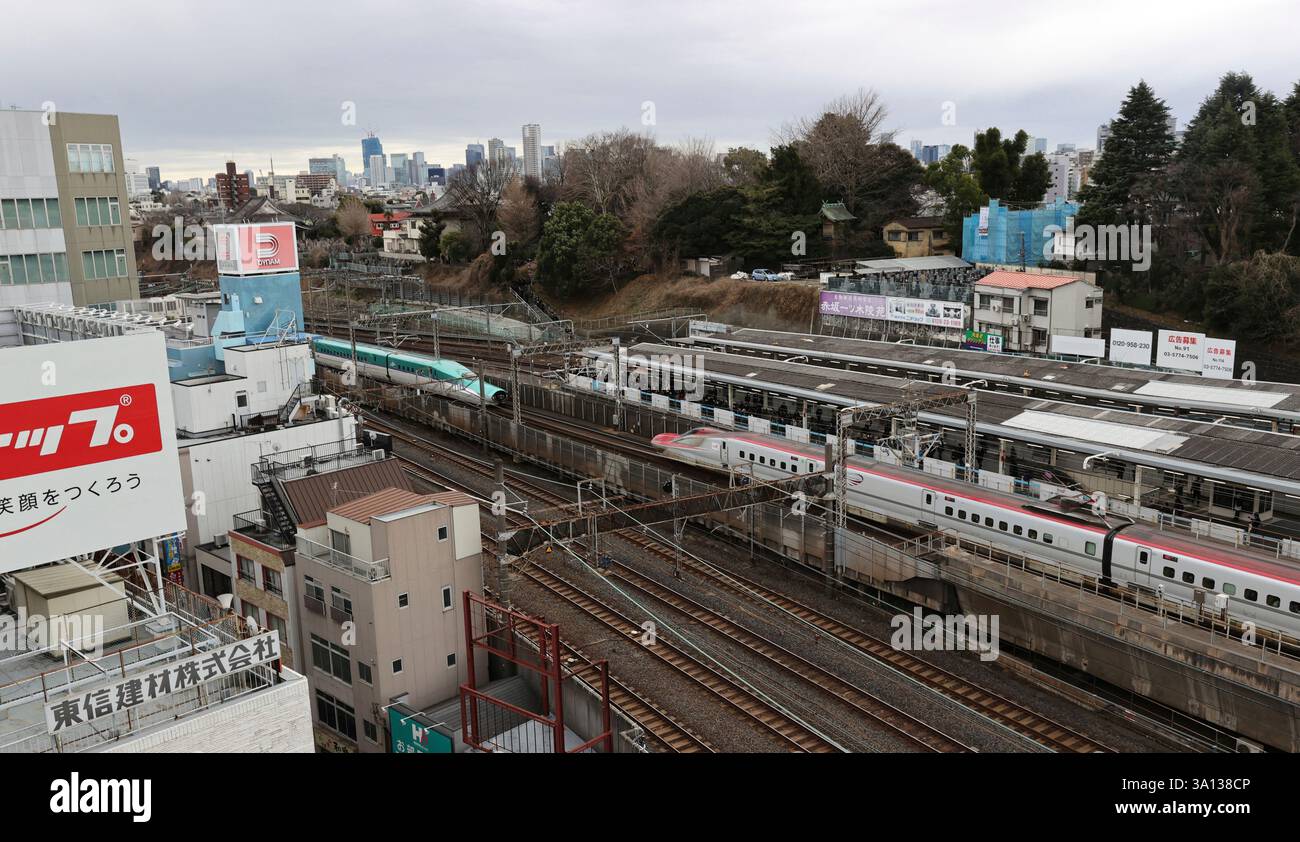 A photo shows "Komachi" (R) of the Tohoku Shinkansen (bullet train) moving with its coupling ...