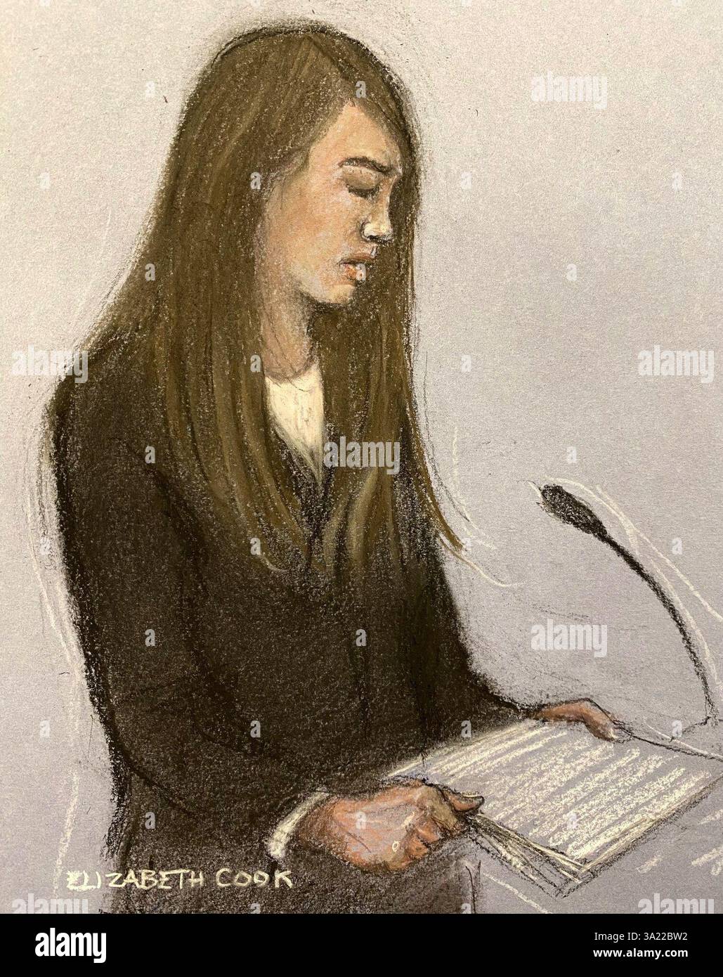 Dessin d'artiste de cour par Elizabeth Cook d'Amy Hunt donnant sa ...