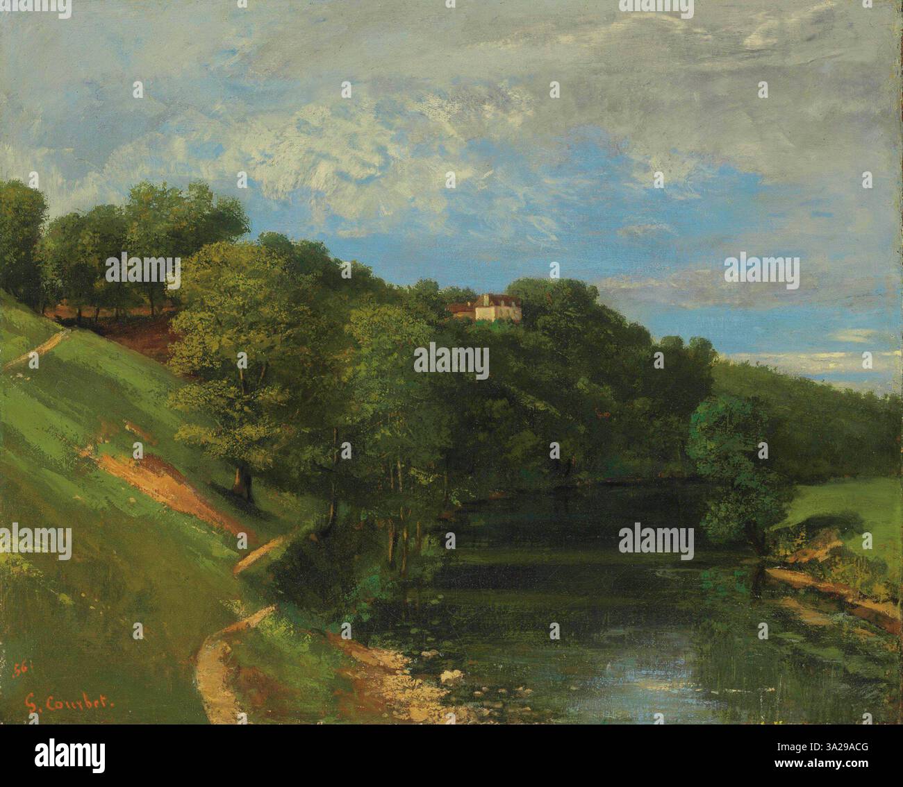 'Château au bord de la rivière' de Gustave Courbet représente un château debout à côté d'une ...