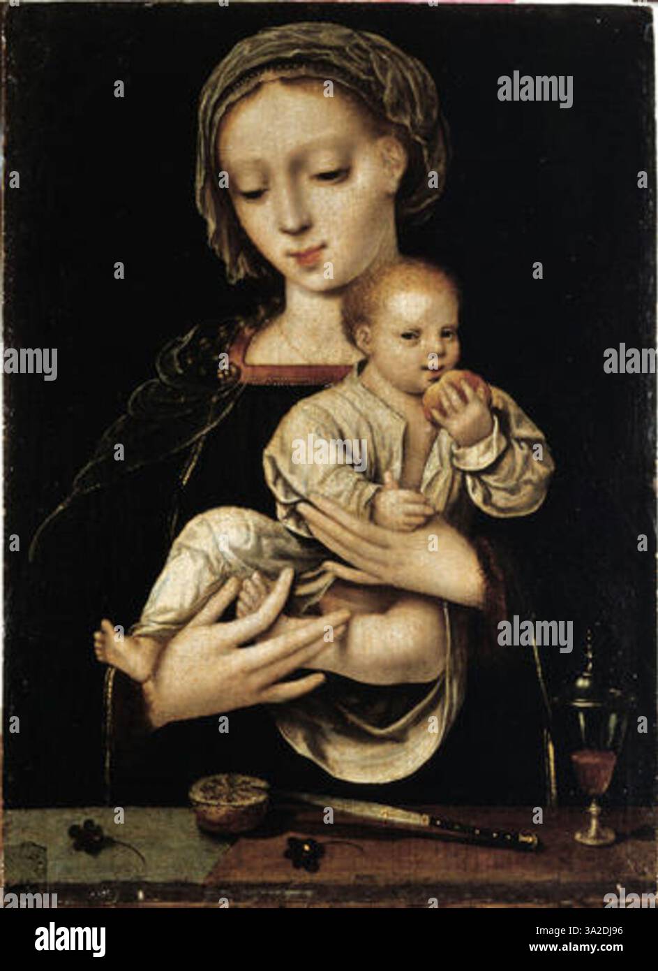 Cette peinture de l’atelier de Joos van Cleve représente la Vierge et l’enfant, avec le Christ ...