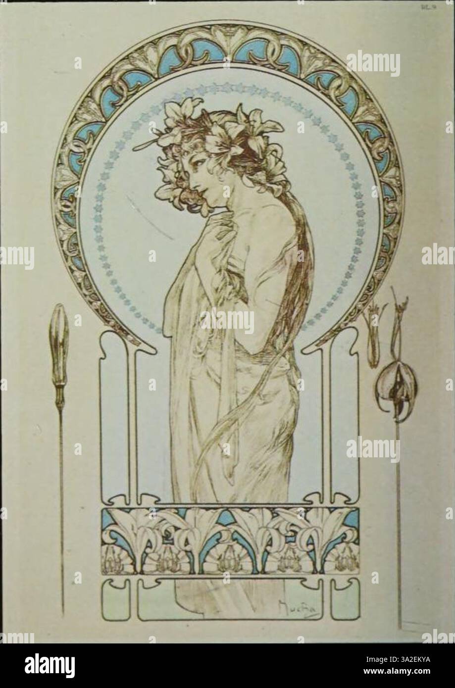 'Bridges, L31-5' d'Alphonse Mucha présente des figures humaines fluides et des motifs décoratifs ...