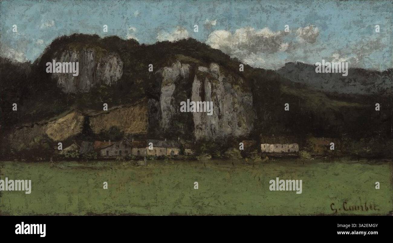 'Paysage' attribué à Gustave Courbet capture une scène naturelle avec des champs, des arbres et ...