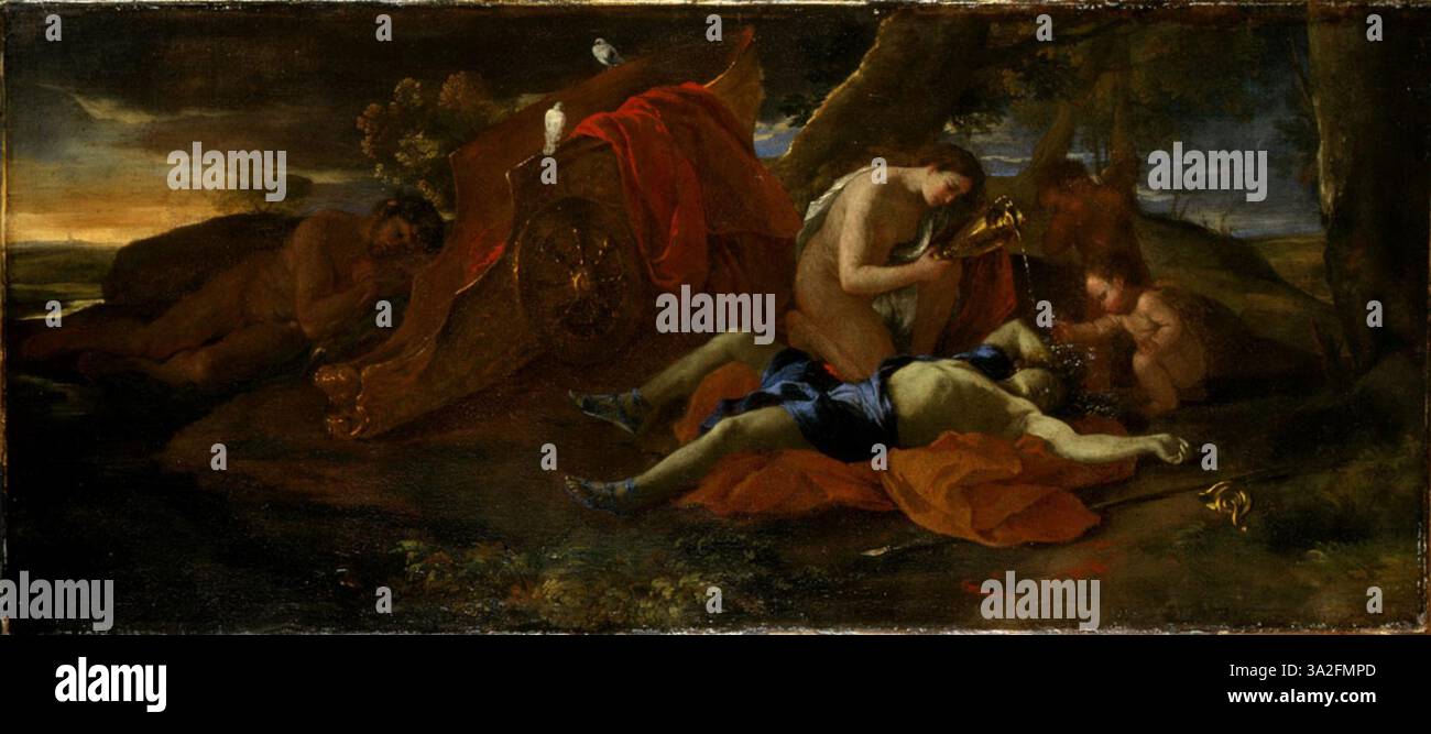 'Venus pleurant pour Adonis' de Poussin (c. 1627-1630) illustre le mythe tragique de la mort d ...