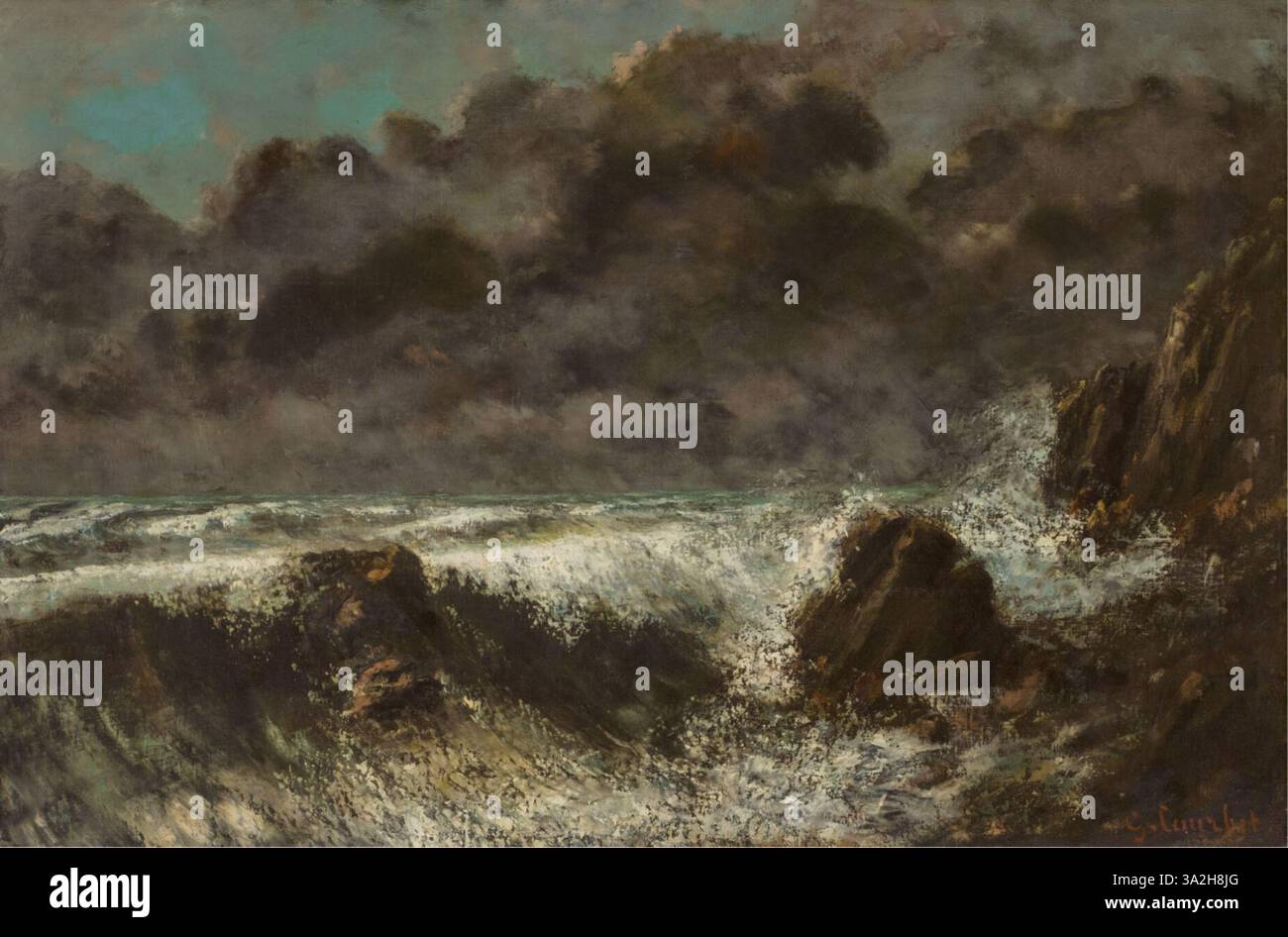 'La mer Orageuse' de Gustave Courbet est un paysage marin dynamique qui capte la puissance de l ...