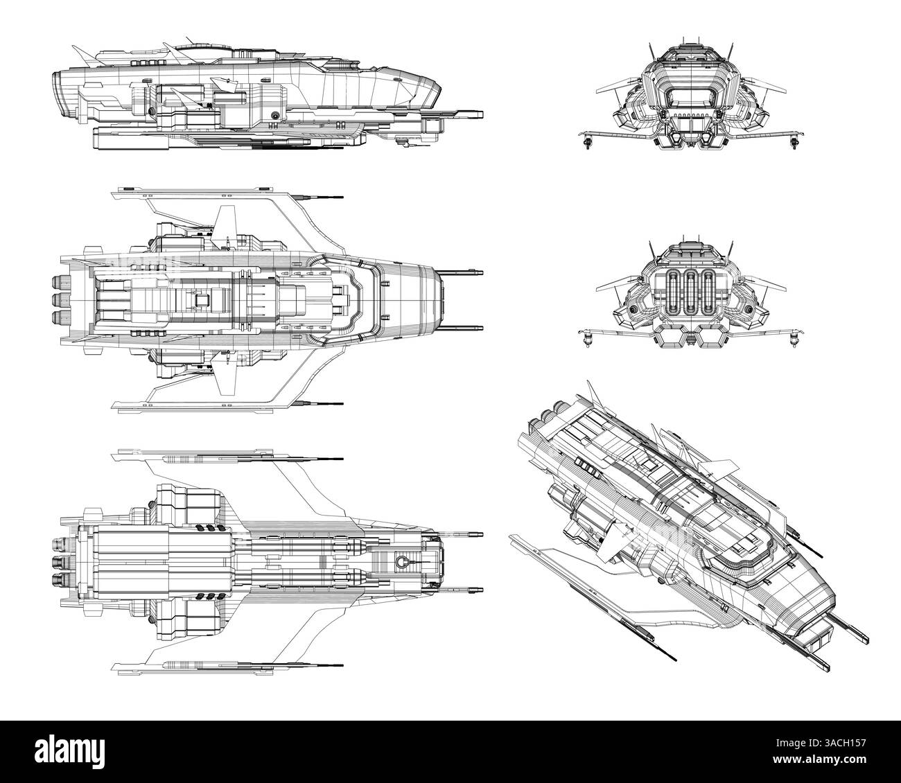 L'image est une série de dessins d'un vaisseau spatial. Les dessins ...