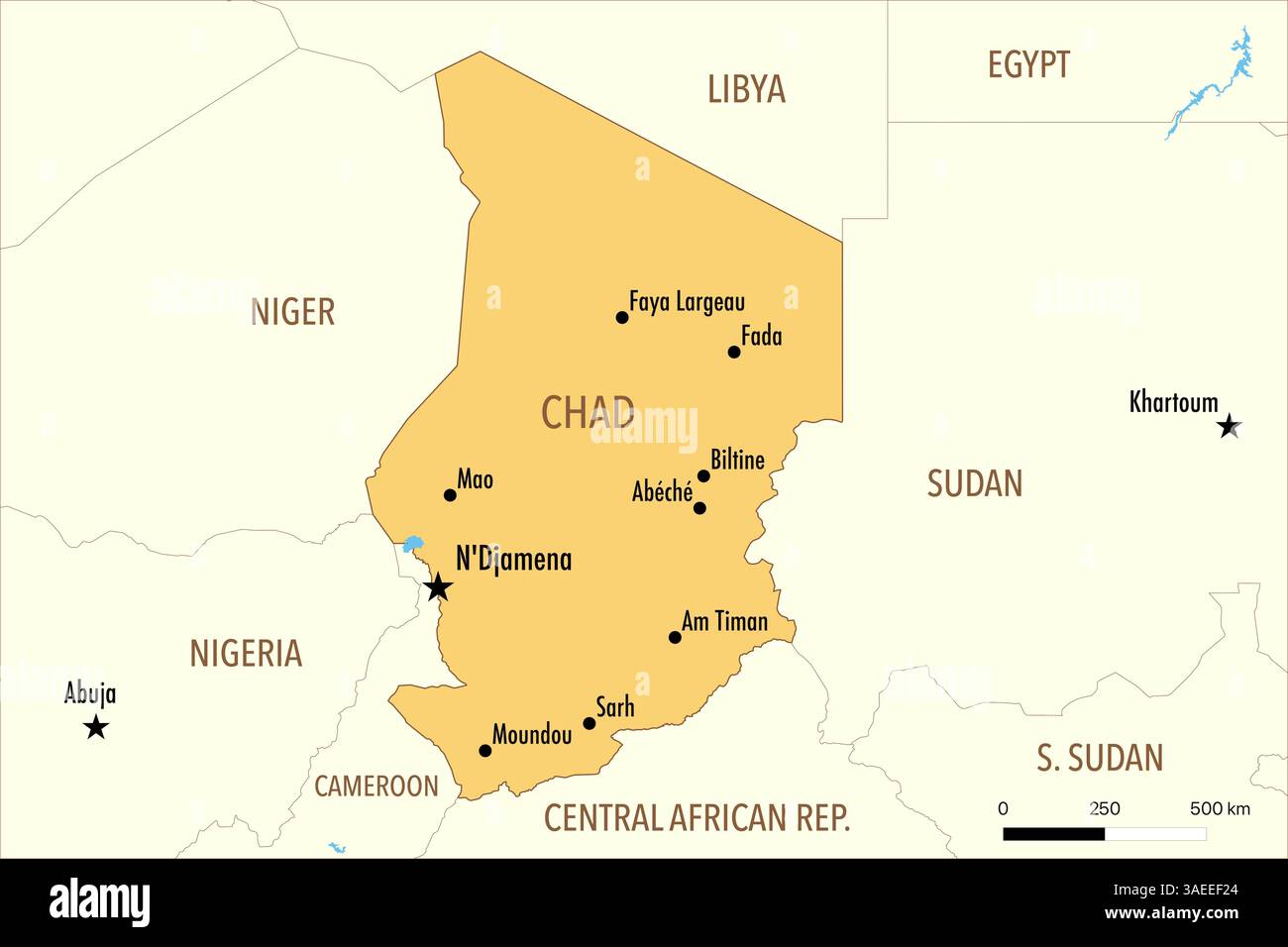 Carte du Tchad avec les grandes villes et les pays voisins Photo Stock ...