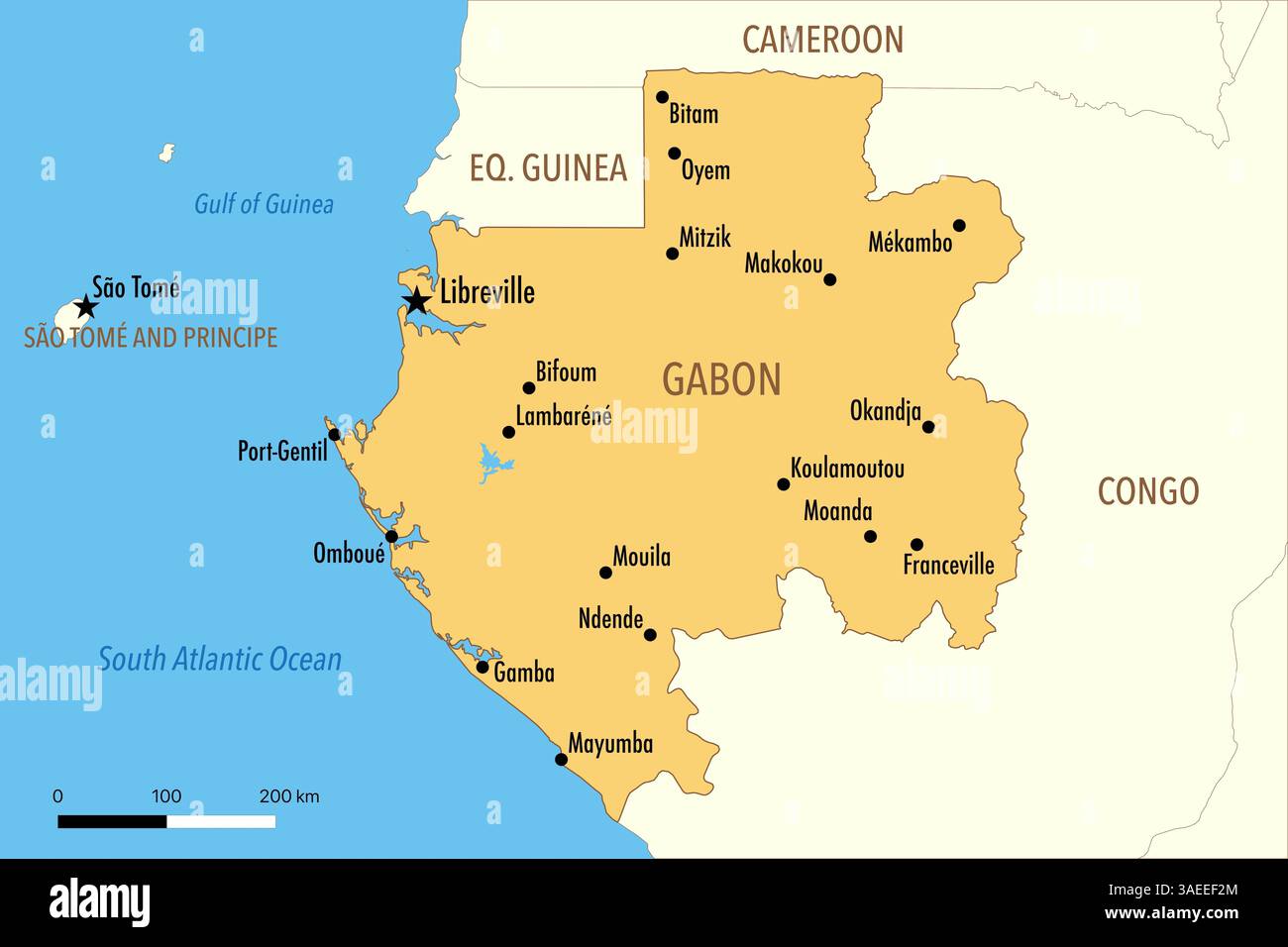 Carte du Gabon avec les grandes villes et les pays voisins Photo Stock ...