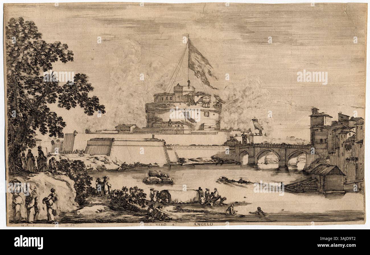 Cette estampe de 1610 à 1664 représente le Castel Sant'Angelo à Rome ...