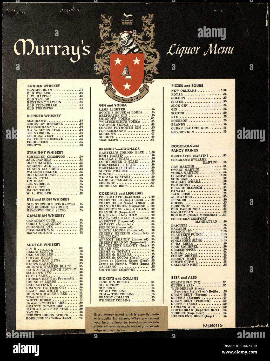 Murray's Menu, un menu double avec cocktails, liqueurs, options à la ...
