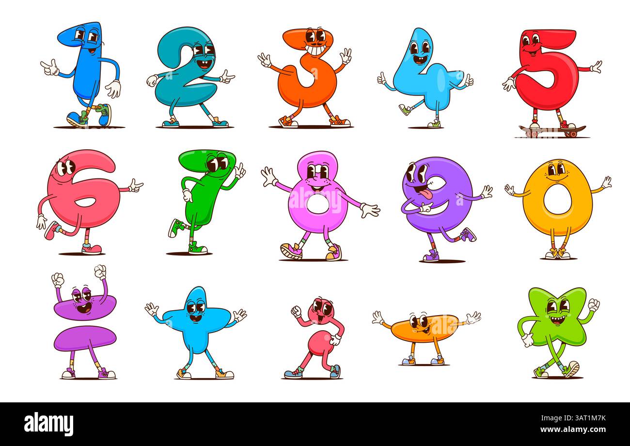Chiffres maths groovy personnages, mathématiques drôles vectorielles ...