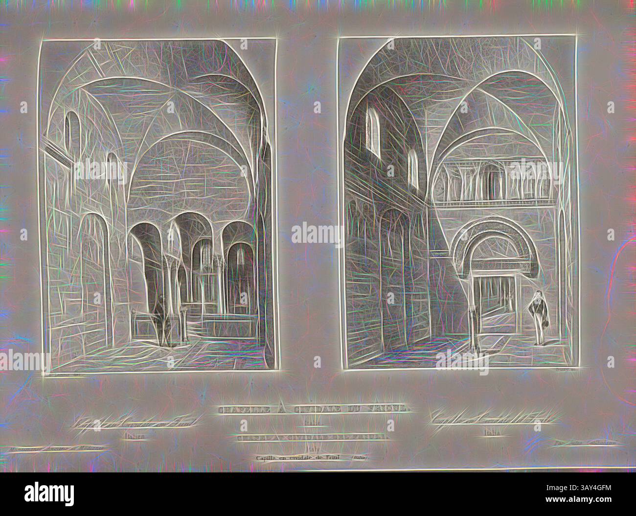 Deux intérieurs architecturaux sont représentés, présentant de grandes ...