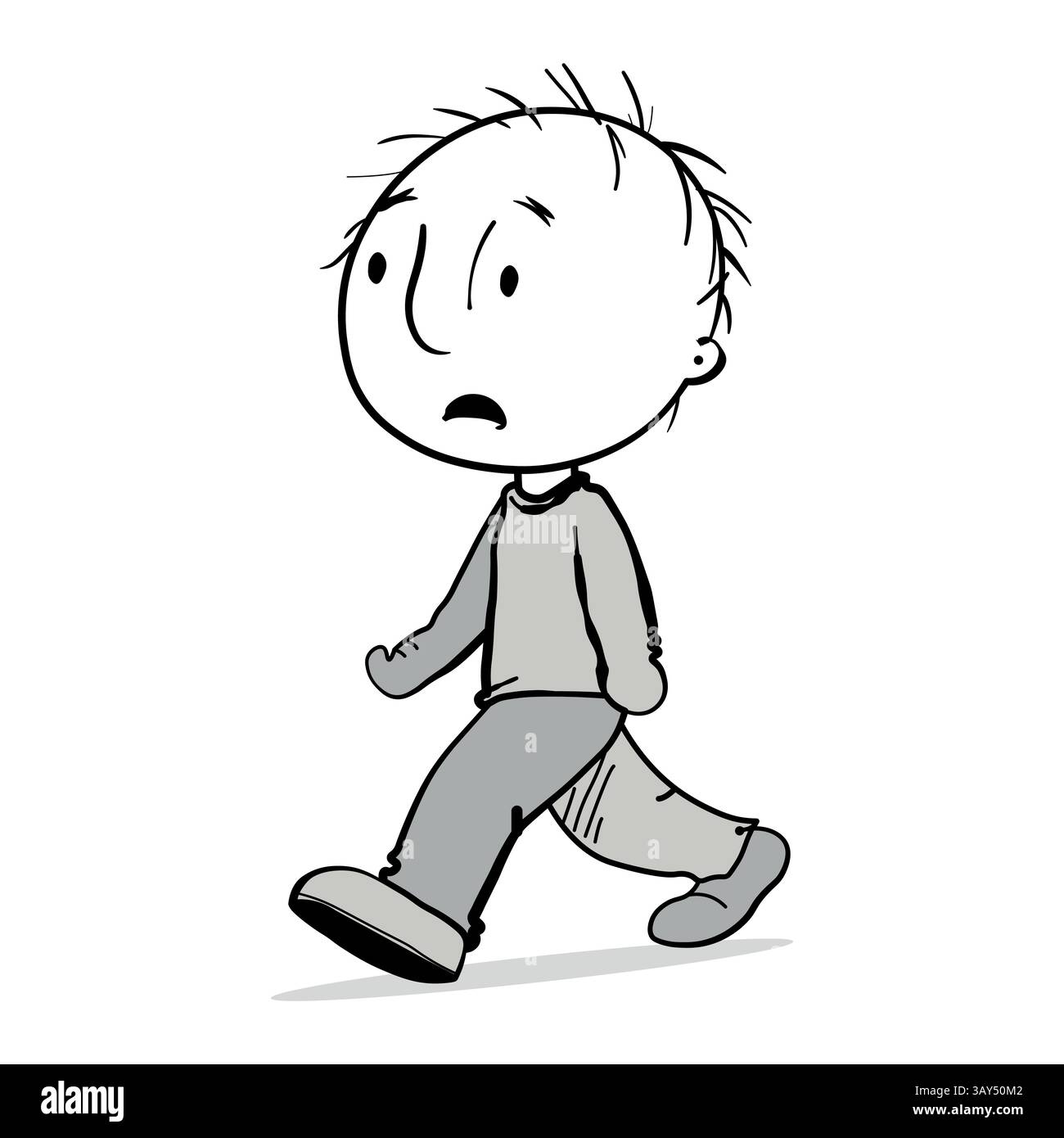 Un dessin animé dessiné à la main d'un garçon triste et chauve marchant ...