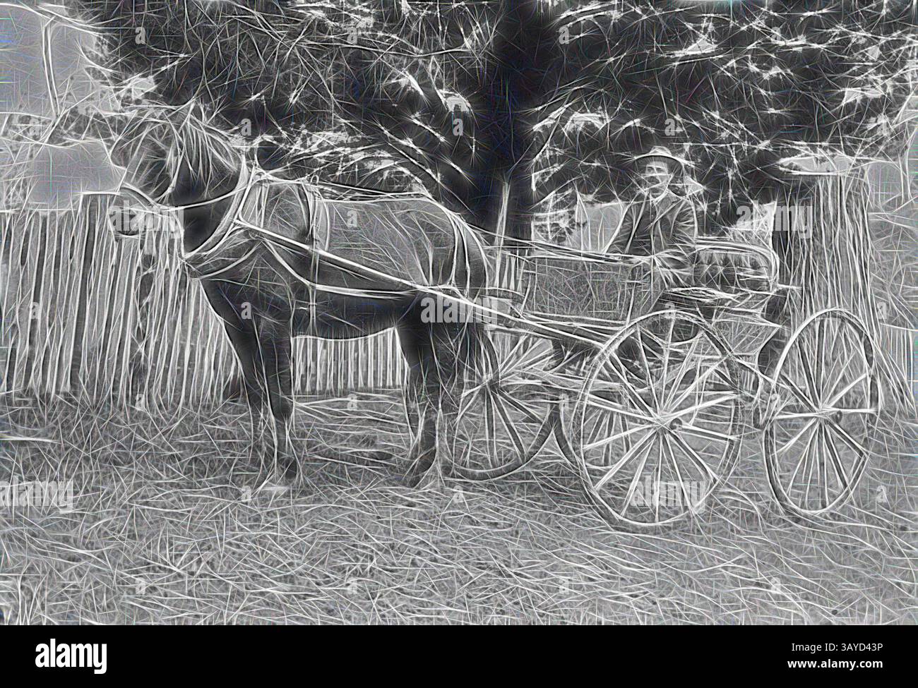 Un cheval se tient à côté d'un charrette pittoresque, avec un homme ...