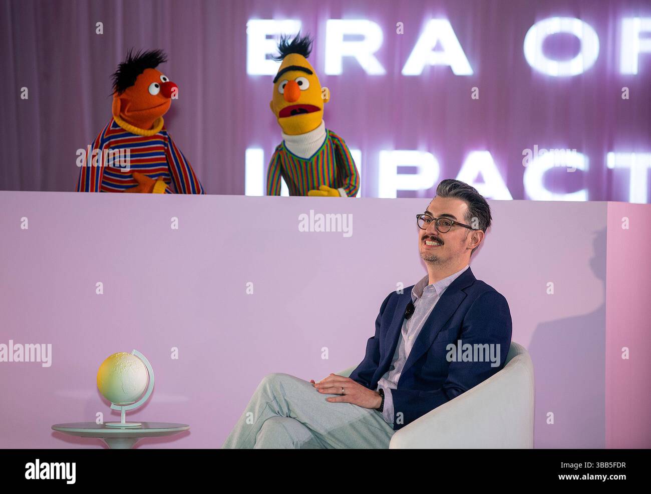 Sesame Street's Bert and Ernie speak with Sal Perez, executive producer and VP of Sesame Street ...