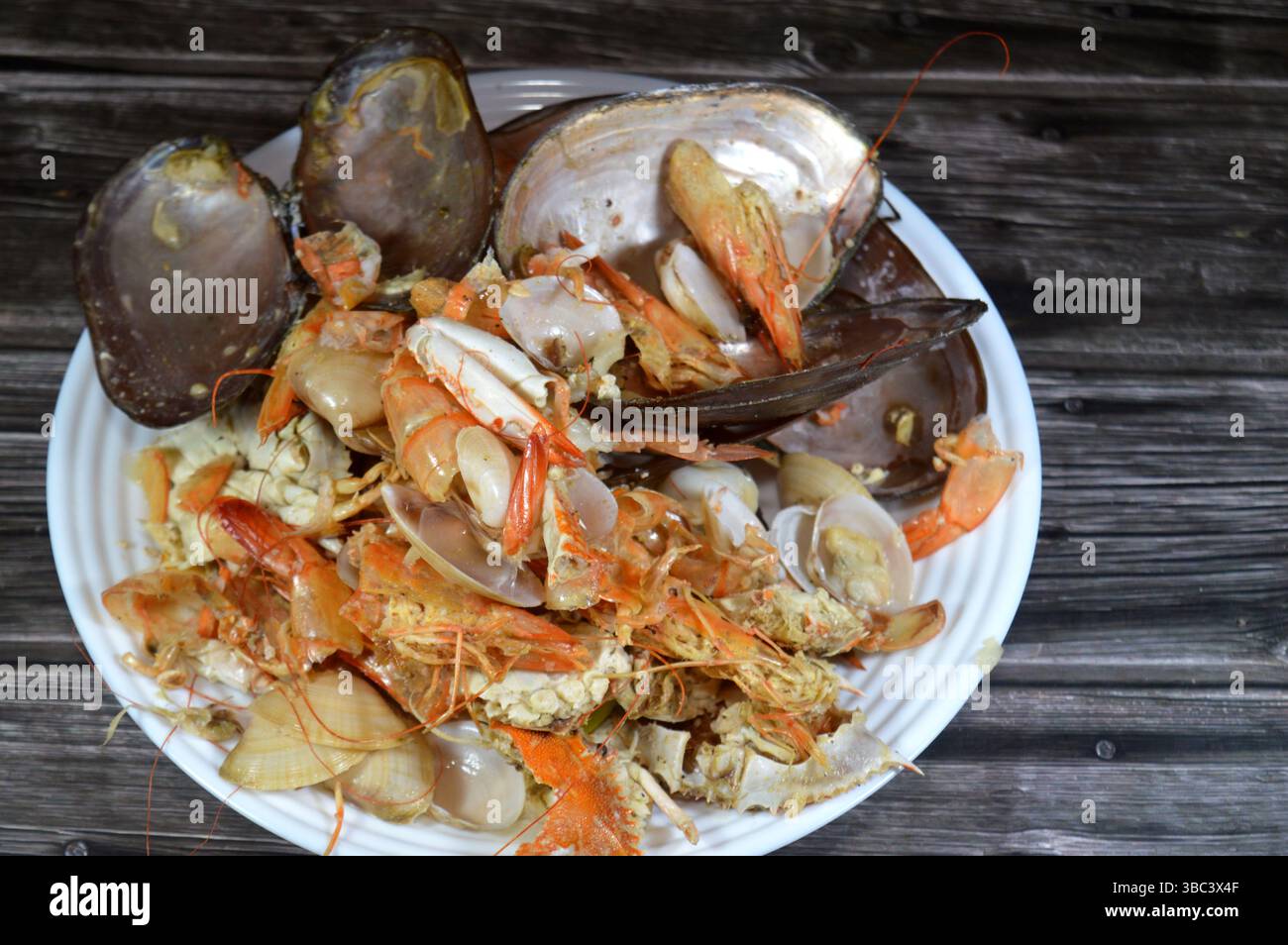 Les déchets et restes de fruits de mer de crevettes, moules, crabes ...