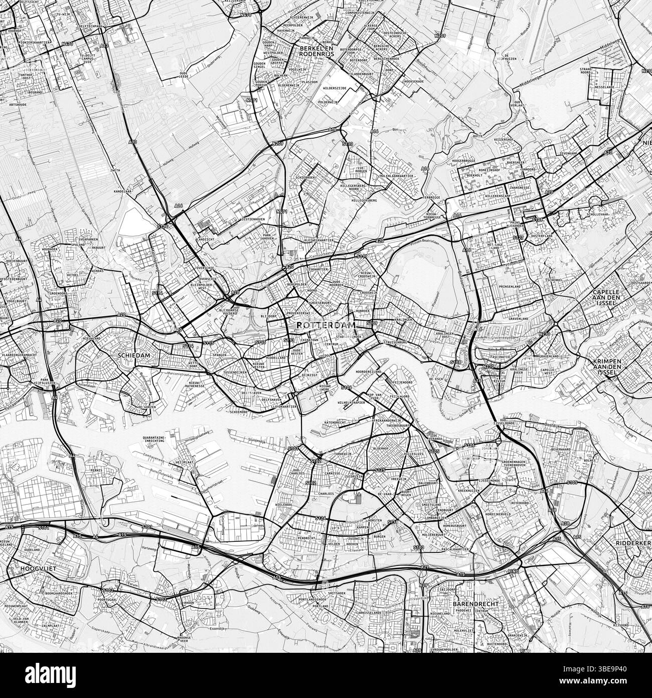 Carte minimaliste de la région de Rotterdam avec des étiquettes et des ...