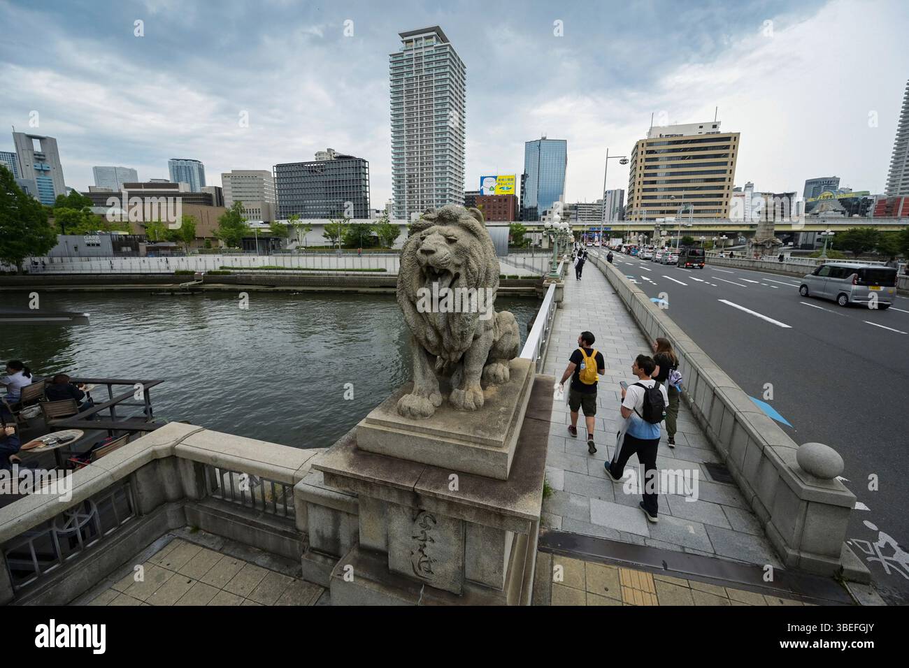 Lion statue on the main pillars of Naniwa Bridge is seen in Chuo Ward ...
