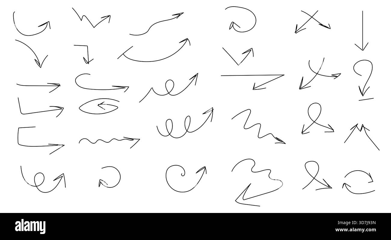 Flèches, cercles et spirales, croquis noir et blanc. Illustration ...