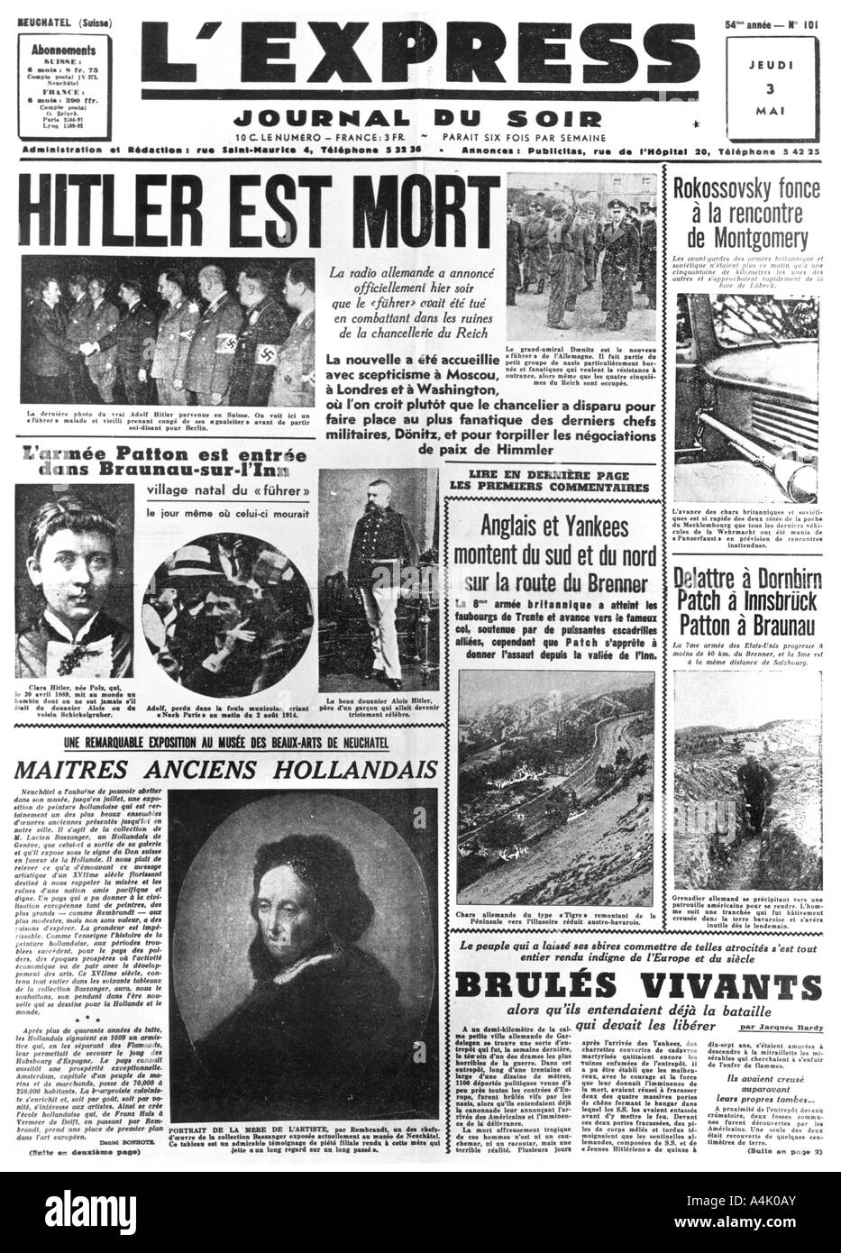 Hitler est mort, première page du journal L'Express, 3 mai 1945 ...