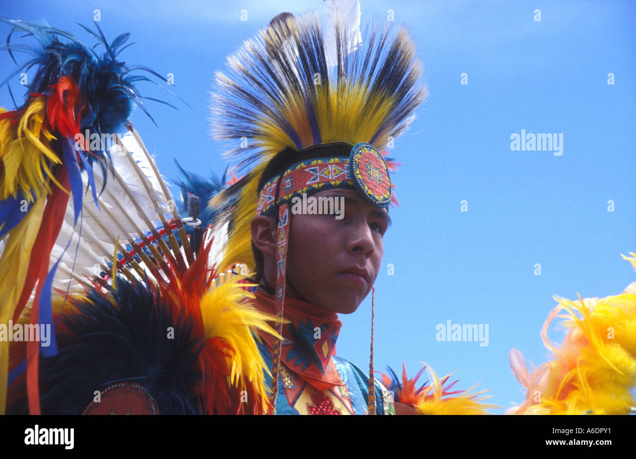 Un jeune membre de la tribu des Sioux en costume traditionnel à un pow ...