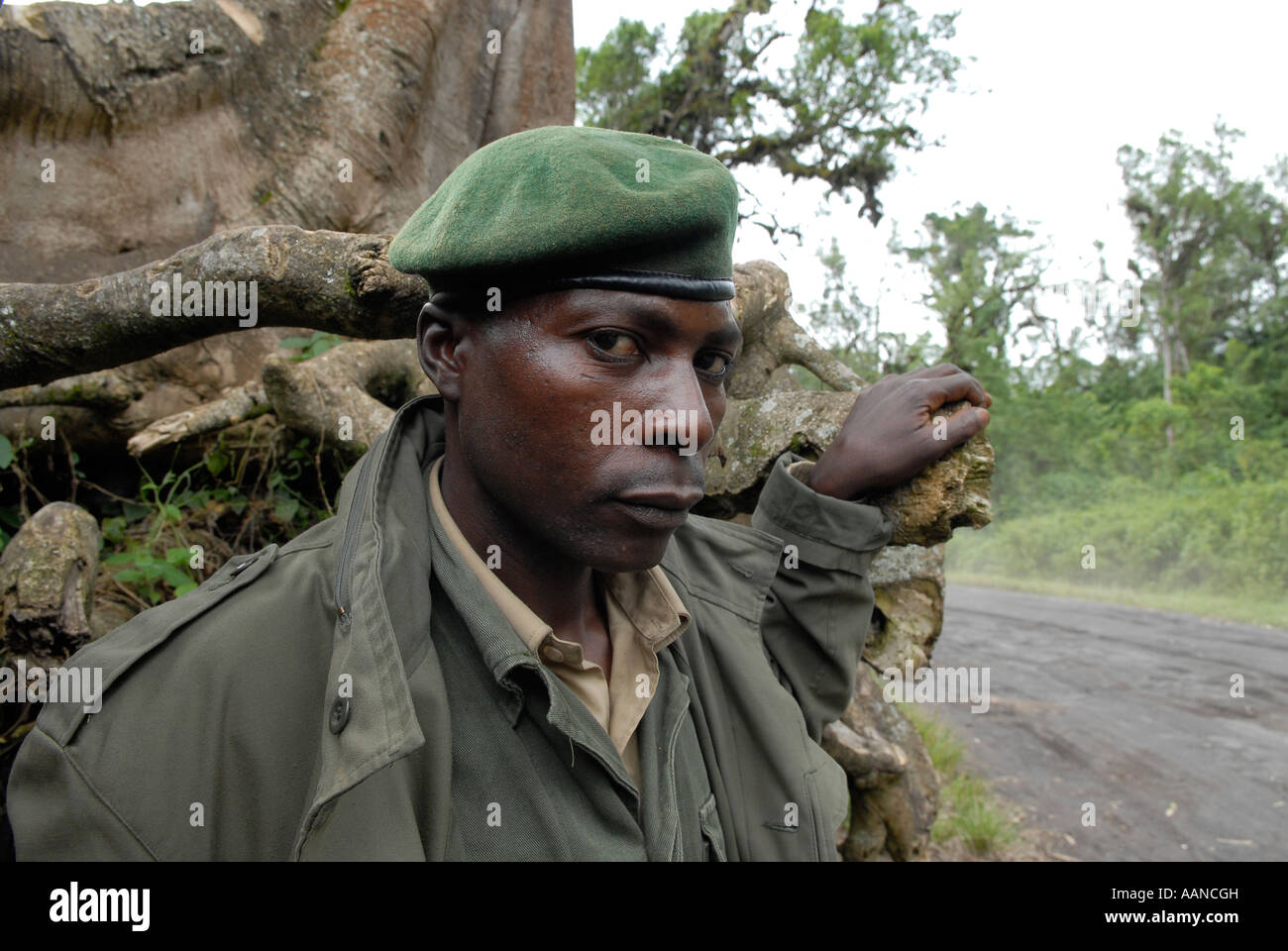 Un soldat du gouvernement congolais des FARDC garde avec un fusil ...