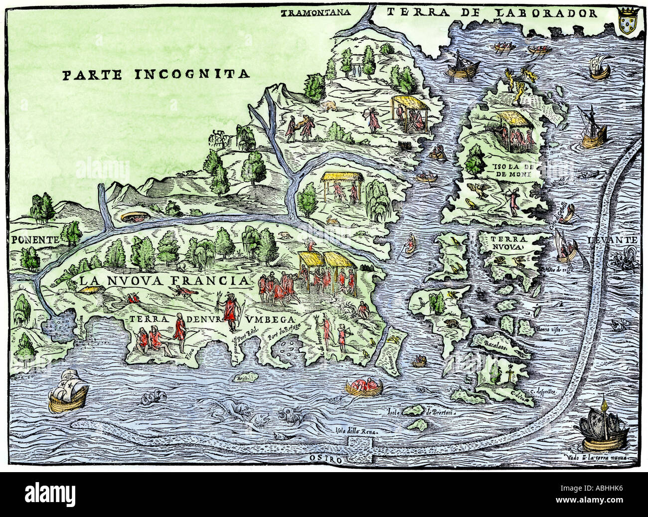 Carte de la Nouvelle France en 1550 montrant la côte du Canada et le ...