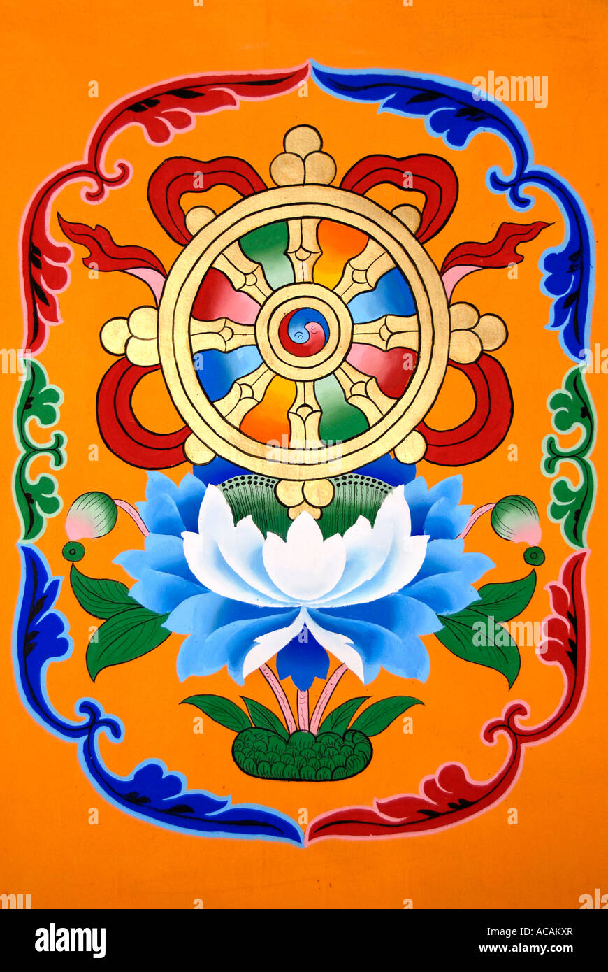 Le bouddhisme tibétain symbole peinture roue de la vie au-dessus de ...
