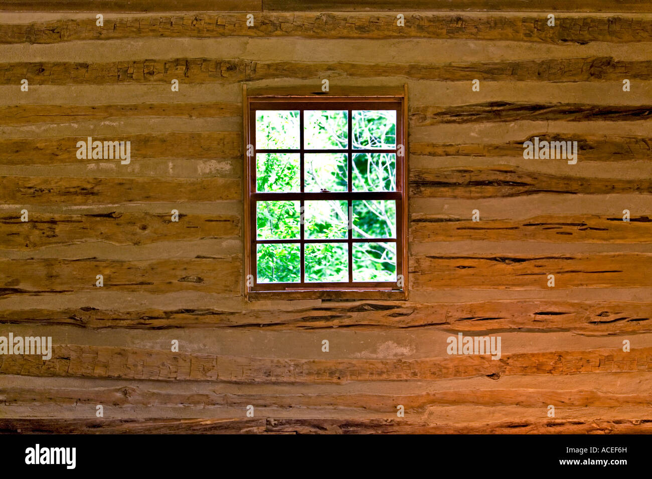 Log cabin fenêtre donnant sur la forêt. Murs en bois rond et carré ...