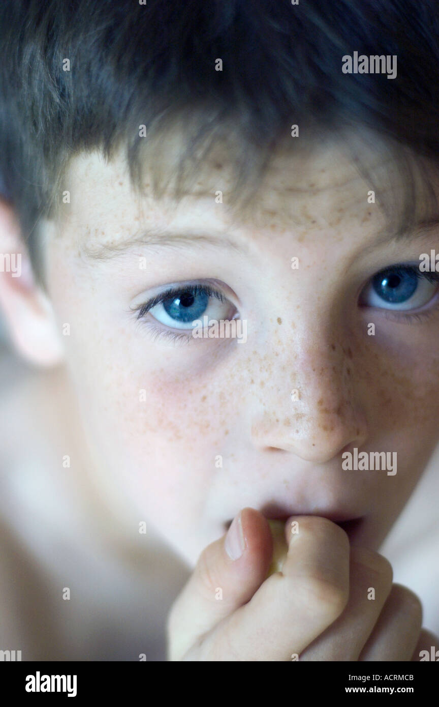 Garçon avec des yeux bleus et des taches de rousseur Photo Stock - Alamy