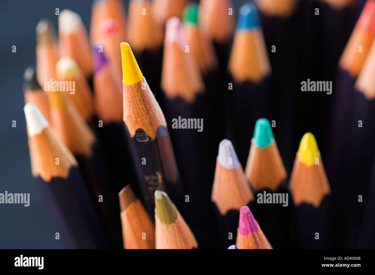 Gros plan d'une étude de quelques crayons de couleur avec un crayon ...