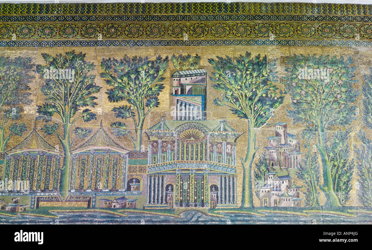 Détail des mosaïques, portique de l'Ouest, la Grande Mosquée de Damas ...