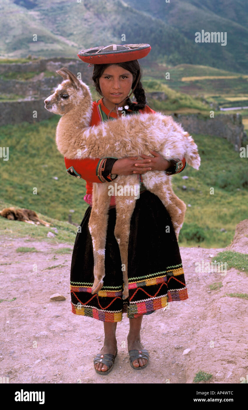 L'Amérique du Sud, Pérou, Cusco. Indian girl with lama (Lama glama ...