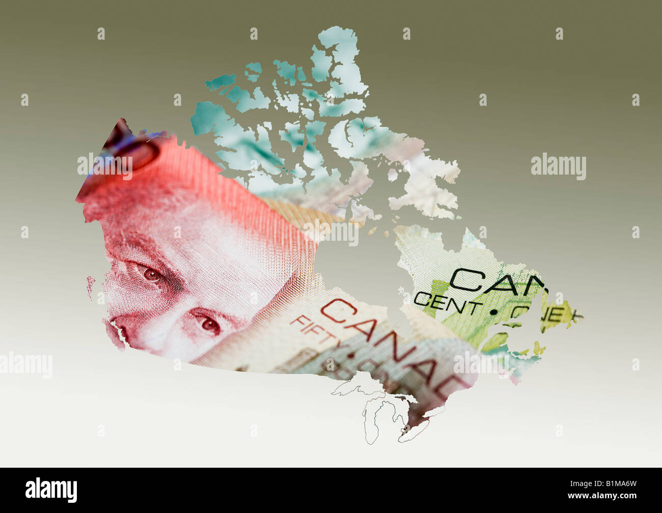 Montage de la monnaie canadienne sur la carte du Canada Photo Stock - Alamy