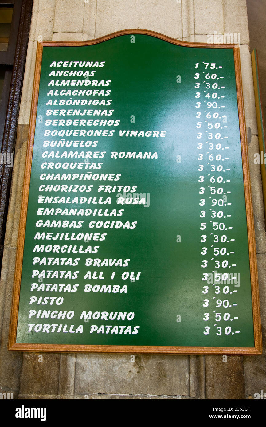 Espagne Barcelone menu affiché avec des prix en Euros pour restaurant à ...