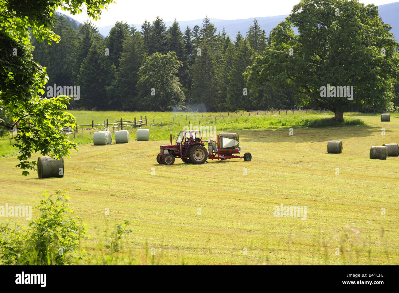 Un agriculteur wrapping hay bales dans du plastique à l'aide d'une ...