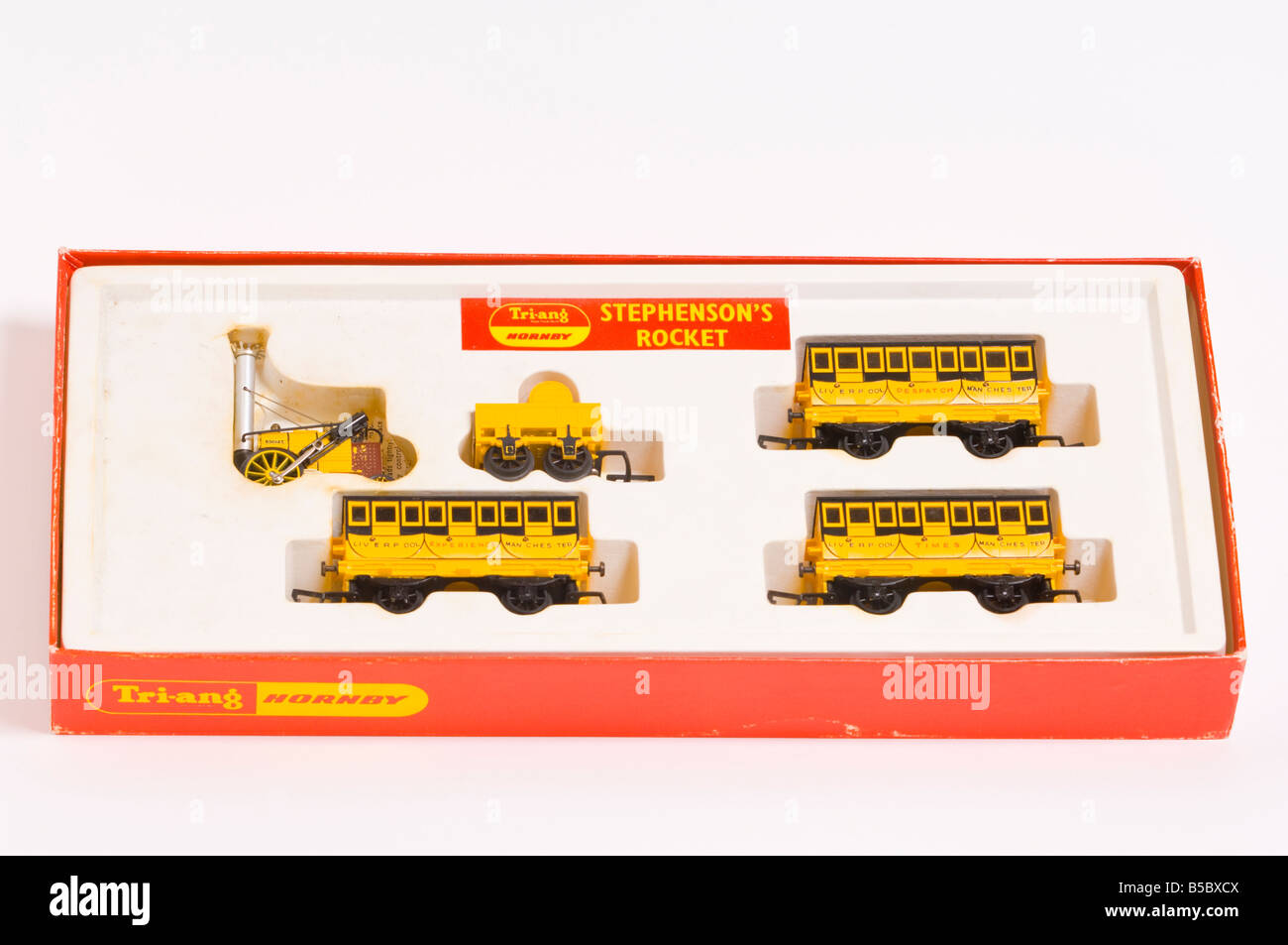 Gros plan d'une Triang Hornby Stephenson's Rocket rame modèle tourné ...
