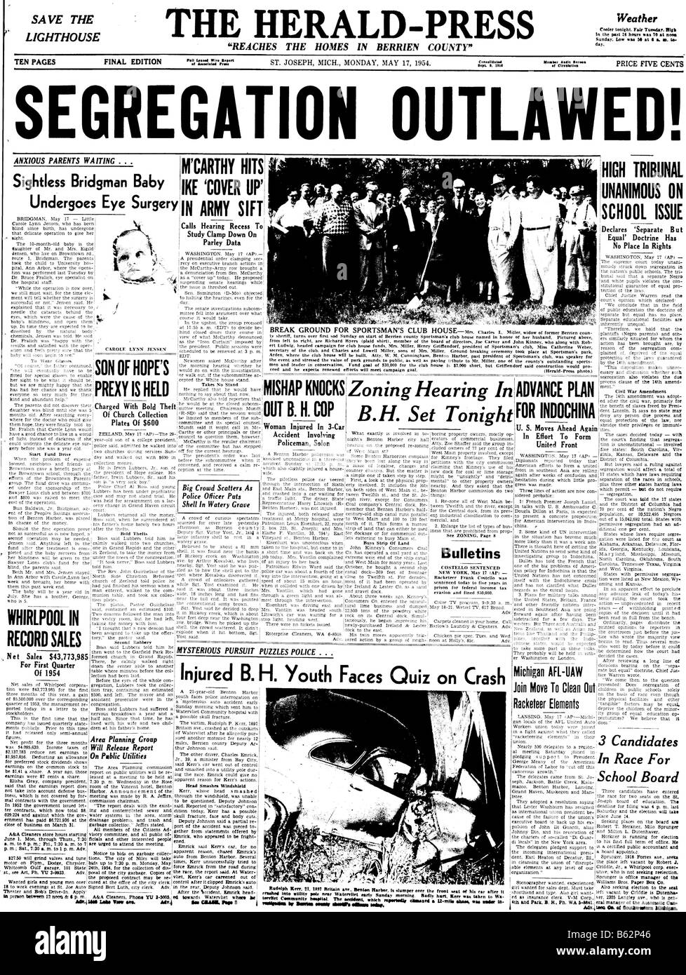 Première page d'un journal américain de 1954 sur la fin de la ... Première page d'un journal américain de 1954 sur la fin de la ...